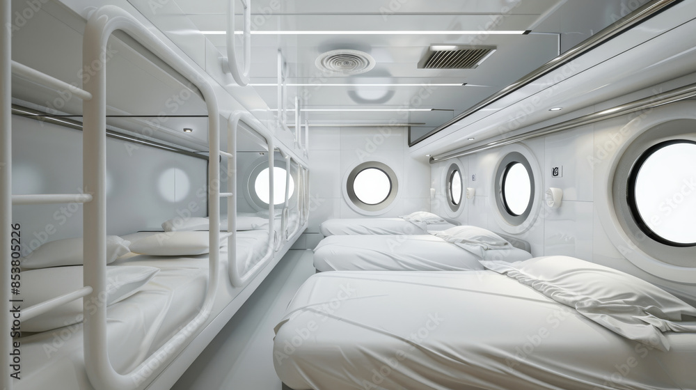 A futuristic sleeping pod interior with clean lines and circular ...