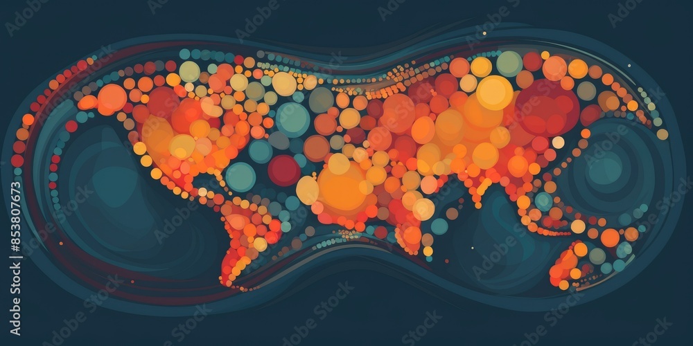 Stylized world map composed of multicolored circles on a white ...
