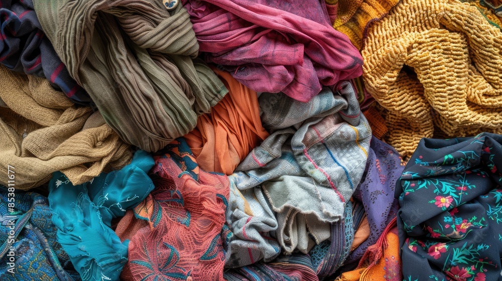 A pile of old used clothing and textiles. Fast fashion and clothing ...