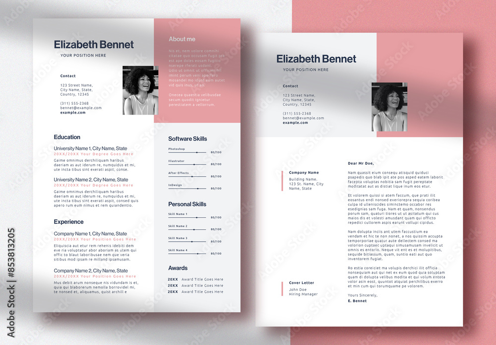 Classy Resume Layout with Pink Accents Stock Template | Adobe Stock