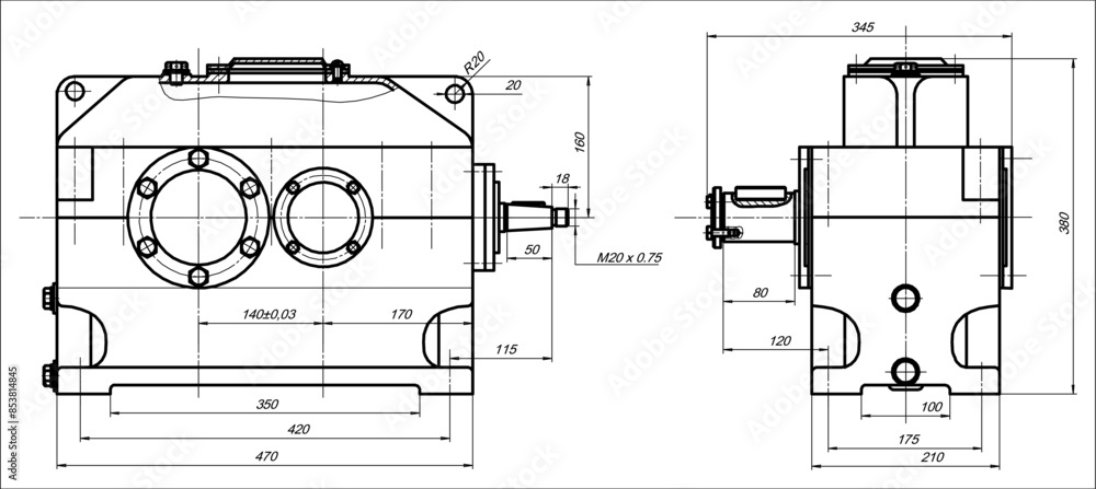 Assembly drawing of reducer. Vector drawing of steel mechanical device ...