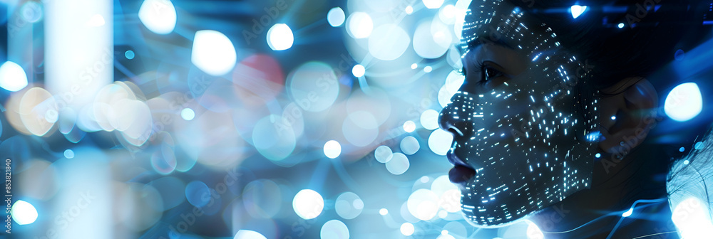 High-tech depiction of a human face integrated with digital elements ...