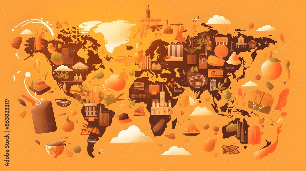 Colorful world map of food commodities and agricultural landmarks in ...