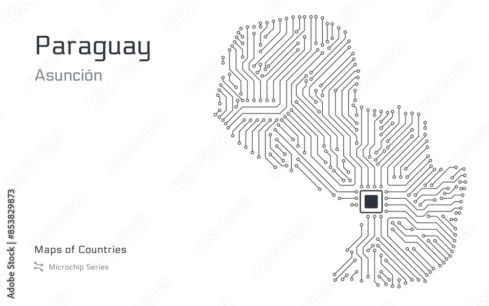 Paraguay Map with a capital of Asuncion Shown in a Microchip Pattern ...