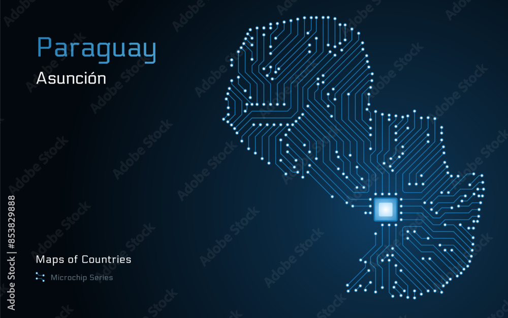Paraguay Map with a capital of Asuncion Shown in a Microchip Pattern ...