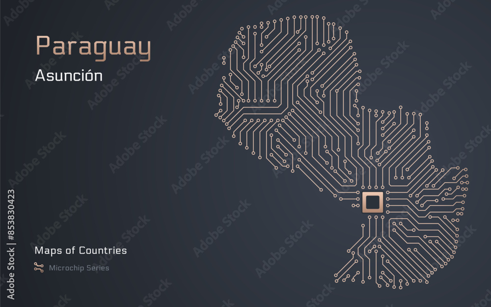 Paraguay Map with a capital of Asuncion Shown in a Microchip Pattern ...