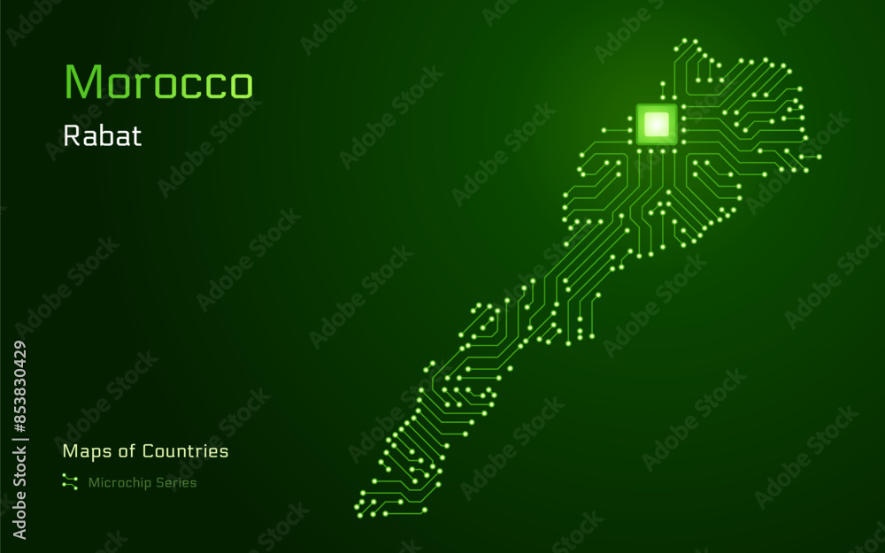 Morocco Map with a capital of Rabat Shown in a Microchip Pattern with ...