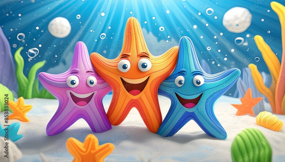 Tres alegres y divertidas estrellas de mar en el fondo del océano ...