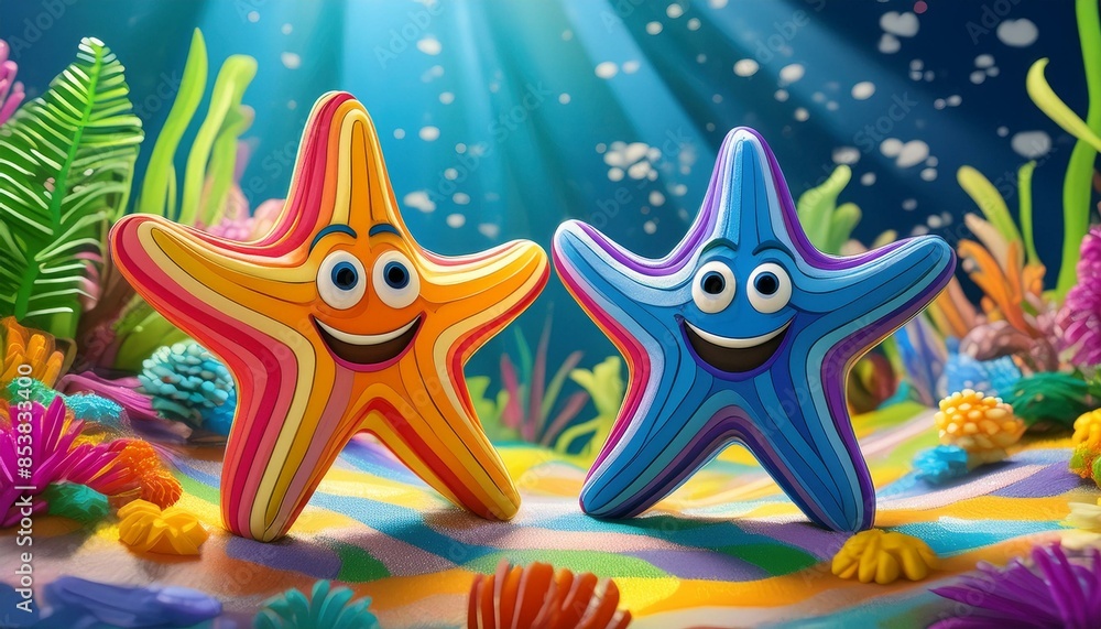 Dos alegres y divertidas estrellas de mar en el fondo del océano hechas ...
