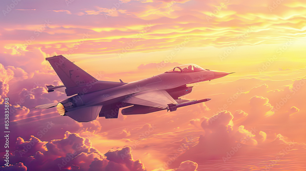 Hyper-realistic image of an F-16 Falcon fighter jet flying against a ...