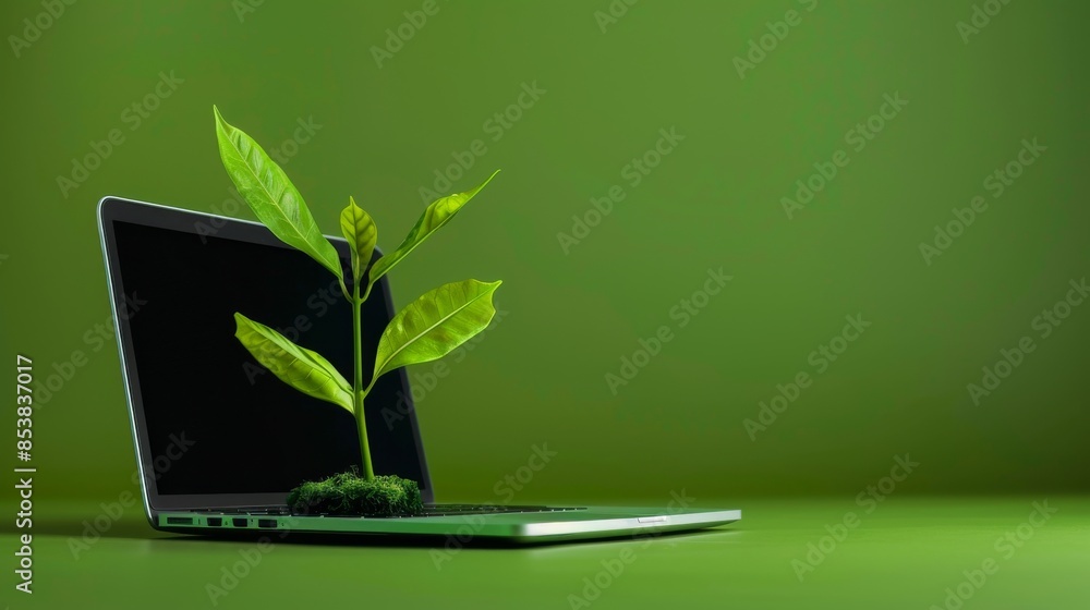 Copy space. Green plant growing on laptop computer keyboard with green ...