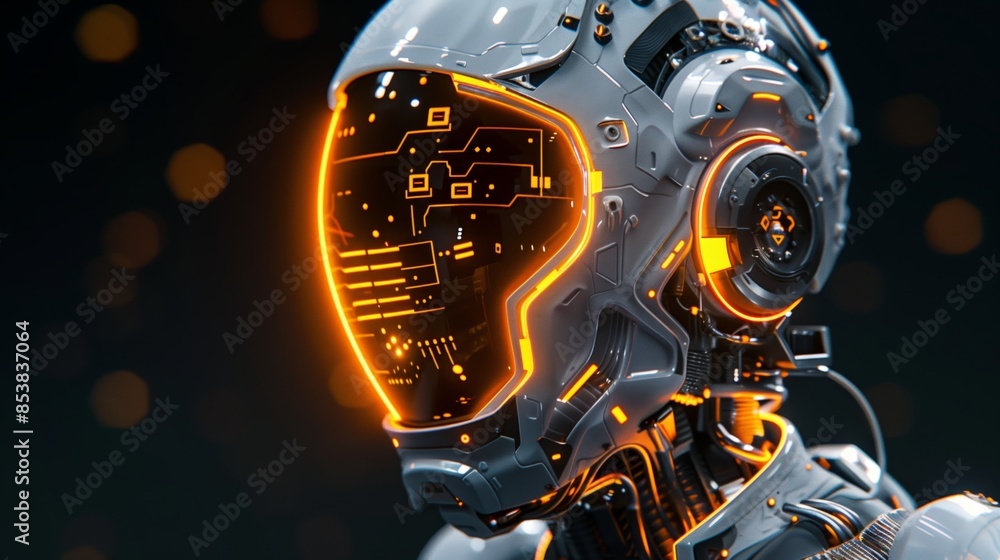 A highly detailed and realistic robot with orange lights, circuitry ...