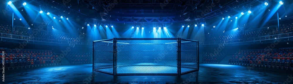 Side view of an empty MMA cage surrounded by tiered seats, overhead ...