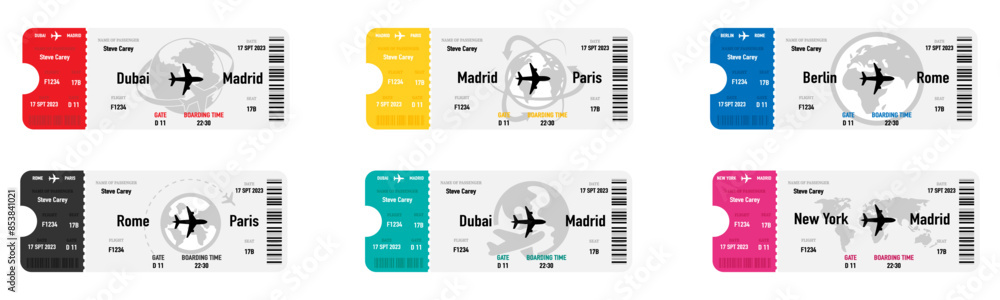 Airline ticket templates. Plane tickets illustration. Flight boarding ...