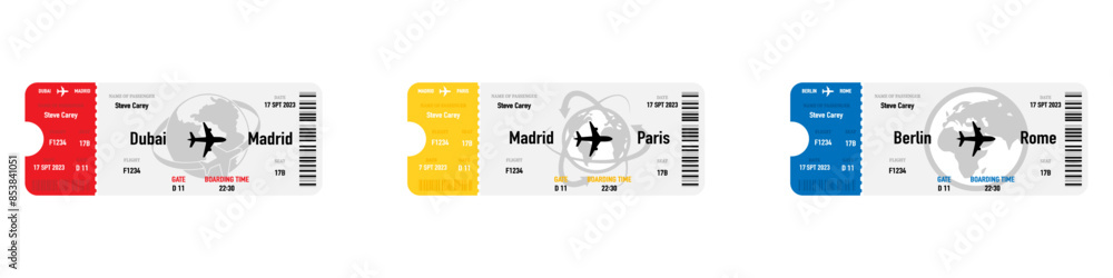 Airline ticket templates. Plane tickets illustration. Flight boarding ...