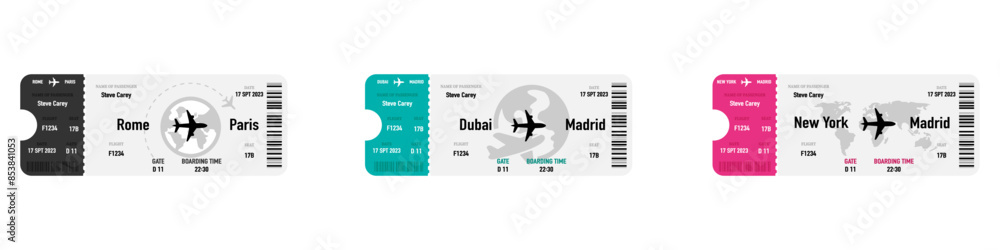 Airline ticket templates. Plane tickets illustration. Flight boarding ...