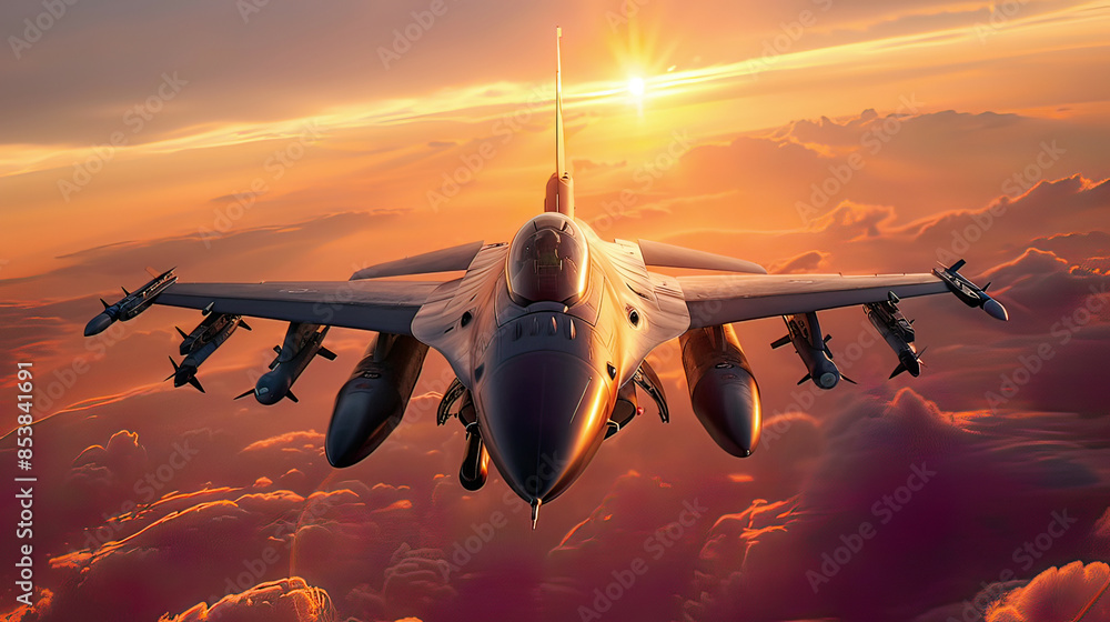 Hyper-realistic view of an F-16 Falcon fighter jet flying during sunset ...