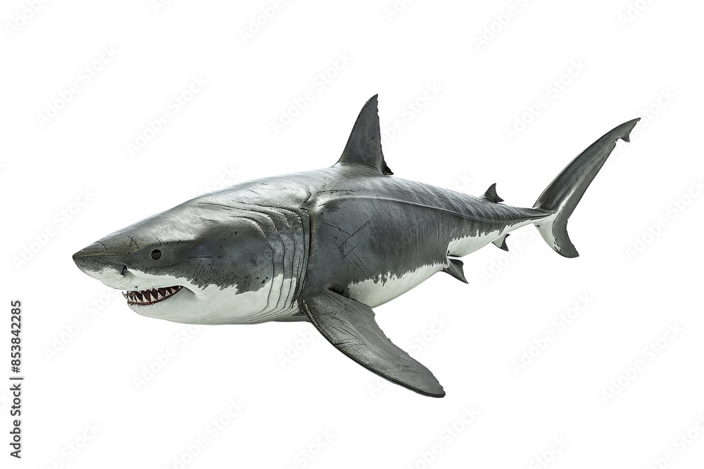 A detailed photograph of a great white shark swimming isolated on a ...