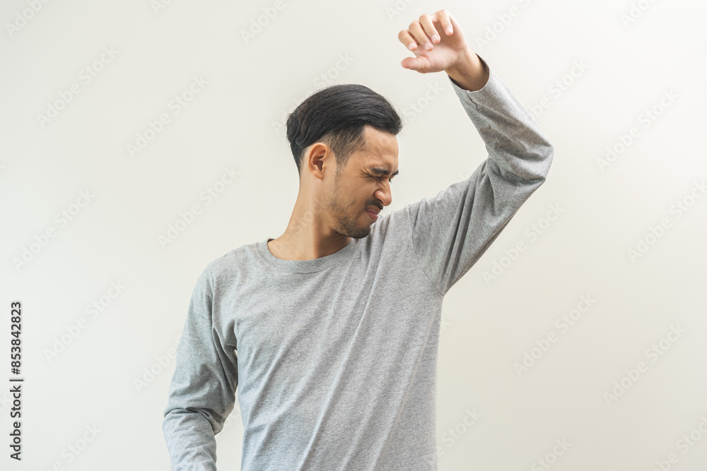 Bad smelling, deodorant asian young man smell stink, breathing nose ...