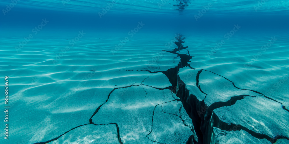 A dramatic underwater fault line with visible cracks and blue ocean ...
