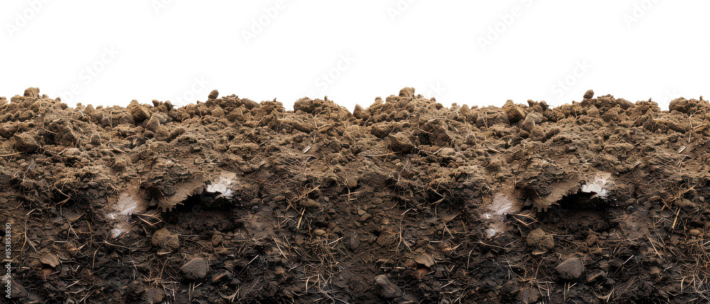 High-resolution close-up cross section of soil with dirt, rocks, and ...
