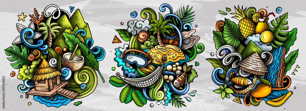 Vetor de Bora-Bora cartoon vector doodle designs set. Colorful detailed ...