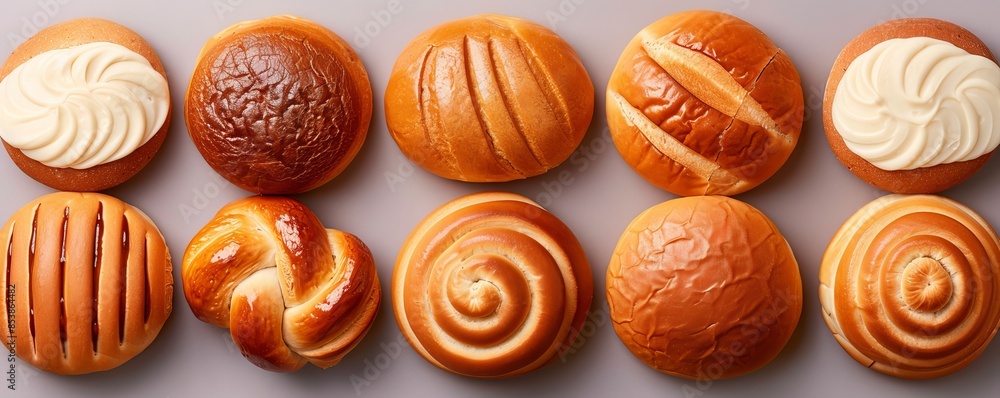 Assorted fresh baked bread, rolls and pastries arranged in rows on a ...