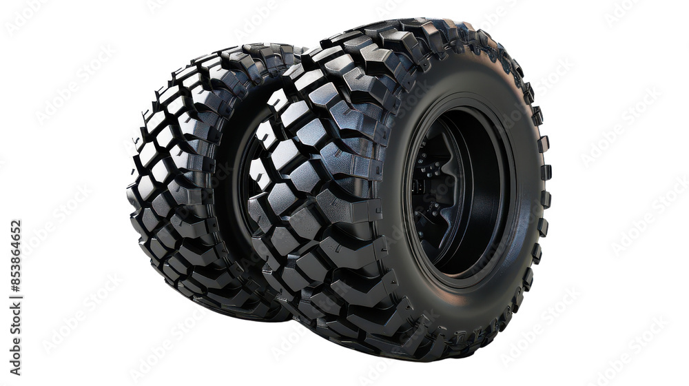 Pair of heavy-duty all-terrain vehicle tires with deep treads on black ...