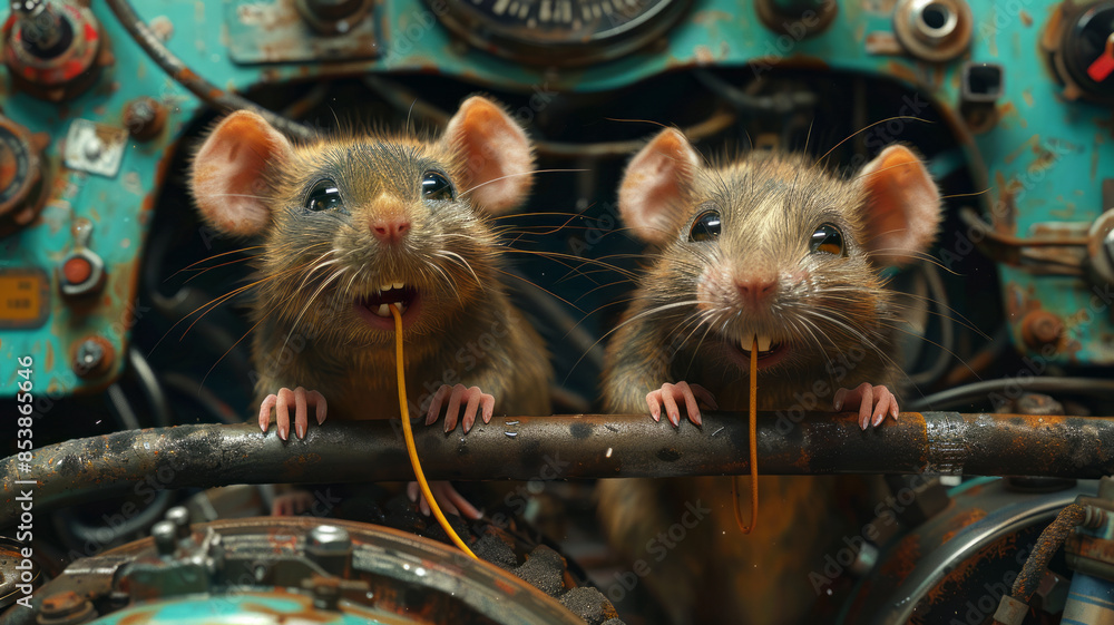 cute cartoon rats eating electrical wires from a car engine like ...