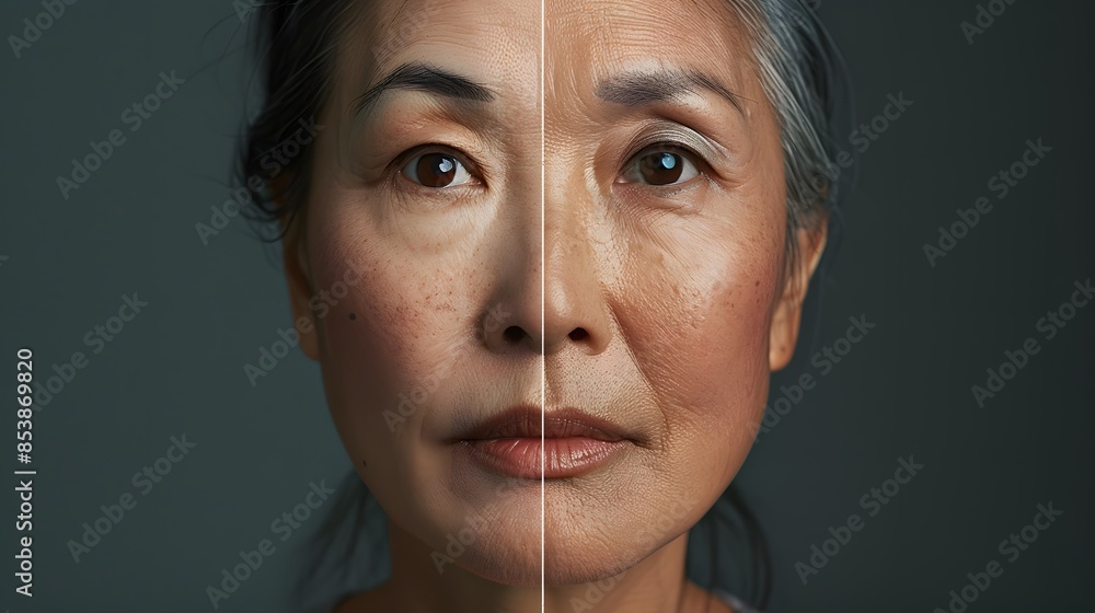 An Asian woman's face with wrinkles and skin greying over time on the ...