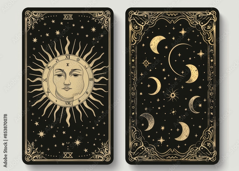 Back side of a batch of tarot cards, with mystic sun and moon, esoteric ...
