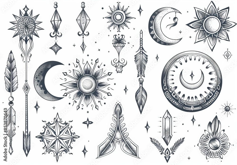 The mythical moon and sun, the holy geometric shapes, crystals and eye ...