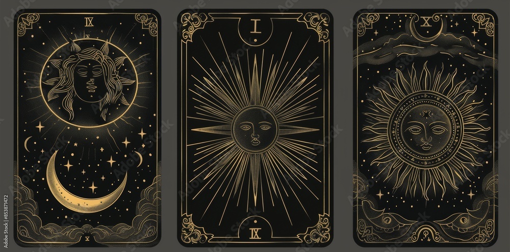 A modern mystic celestial set adorned with gold-outlined suns, stars ...