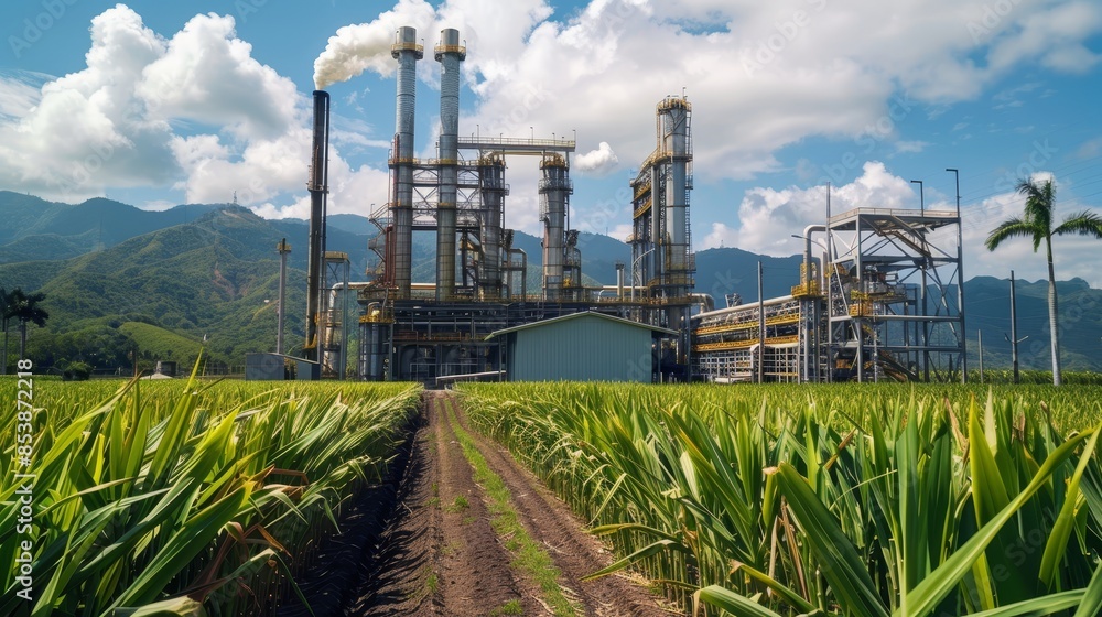 A modern sugarcane processing plant adjacent to vast green fields ...