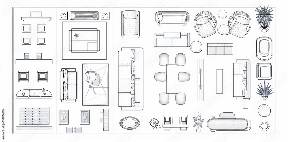 Top view of a house plan furnished with furniture. Map elements of a ...