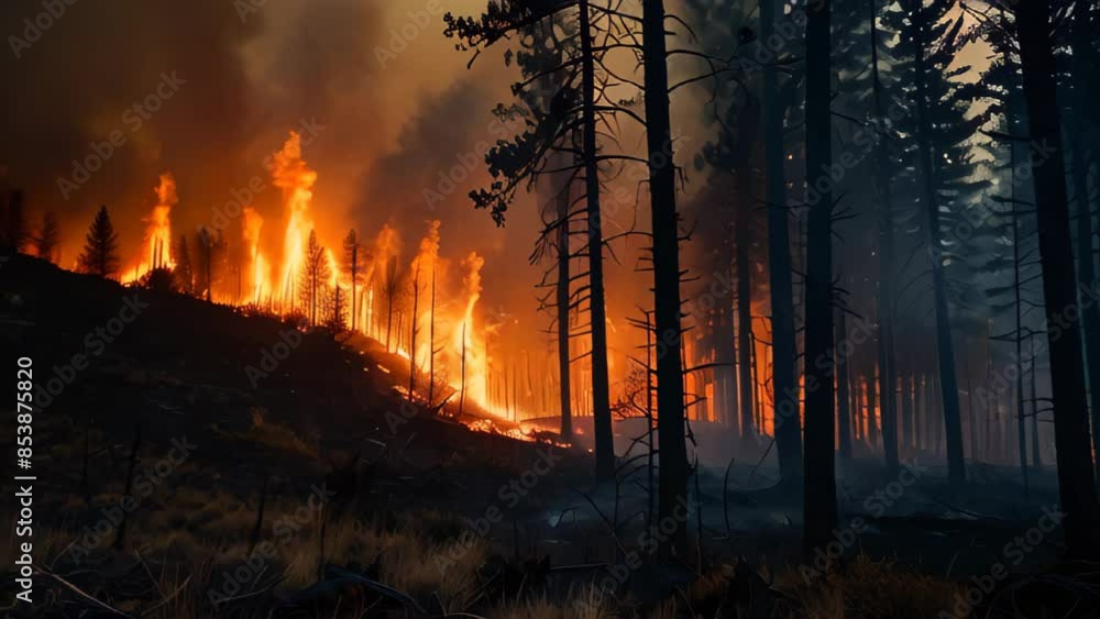 dramatic wildfire burning through a forest, with intense flames and ...