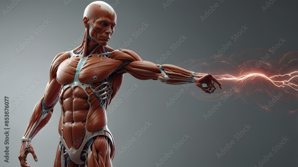 Futuristic glowing image of the human muscular system on dark grey ...