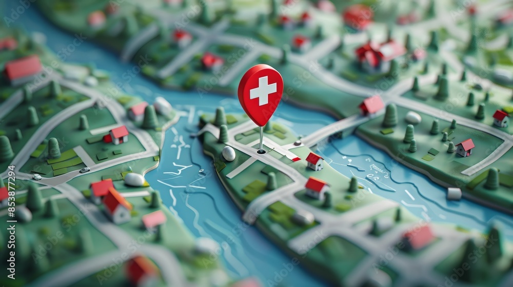 Emergency Response: A 3D vector illustration of a map with pins ...