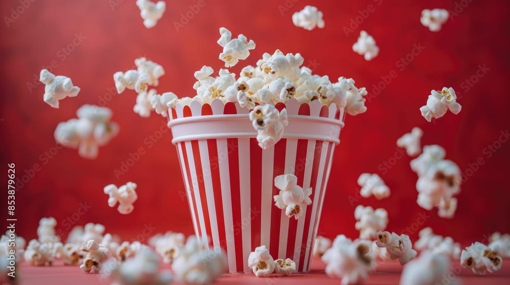 Vibrant popcorn in a red and white striped bucket, with popcorn kernels ...