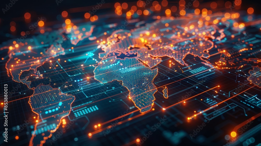 Global Connectivity: A 3D vector illustration of a world map with lines ...