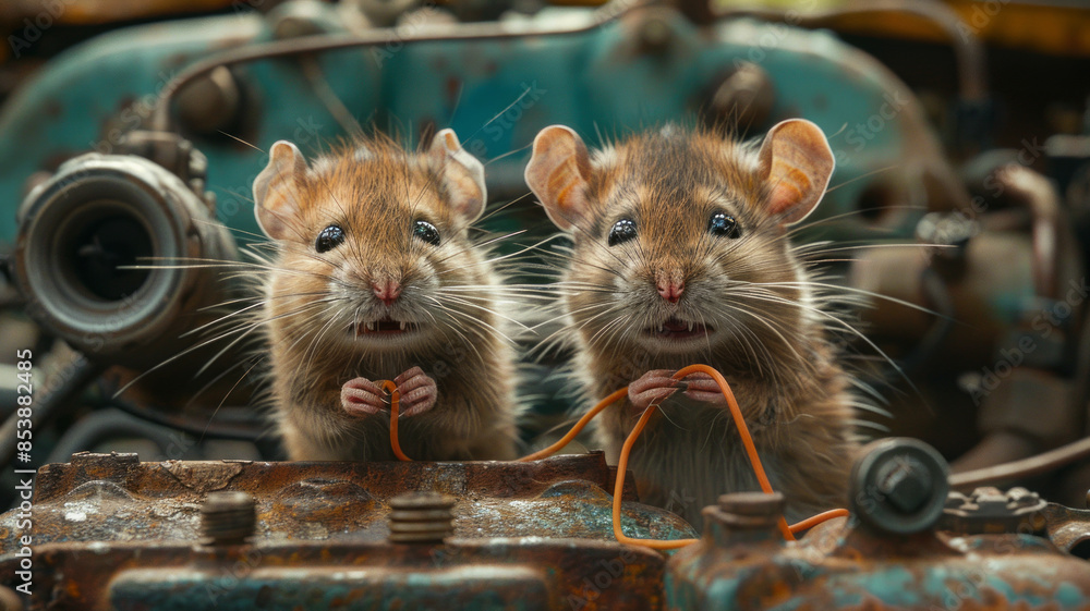 cute cartoon rats eating electrical wires from a car engine like ...