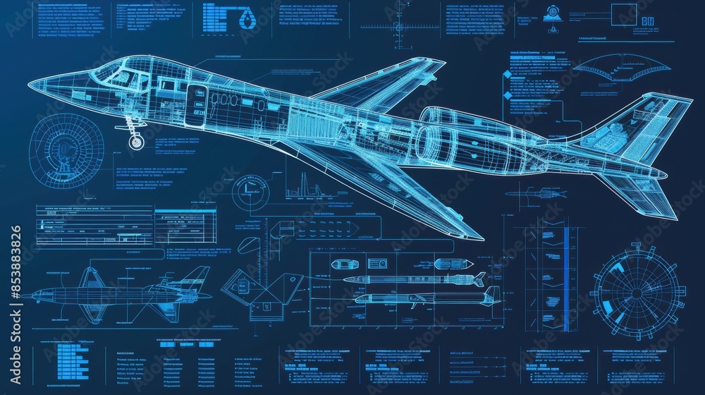 Detailed high-tech blueprint of an aircraft with technical diagrams and ...
