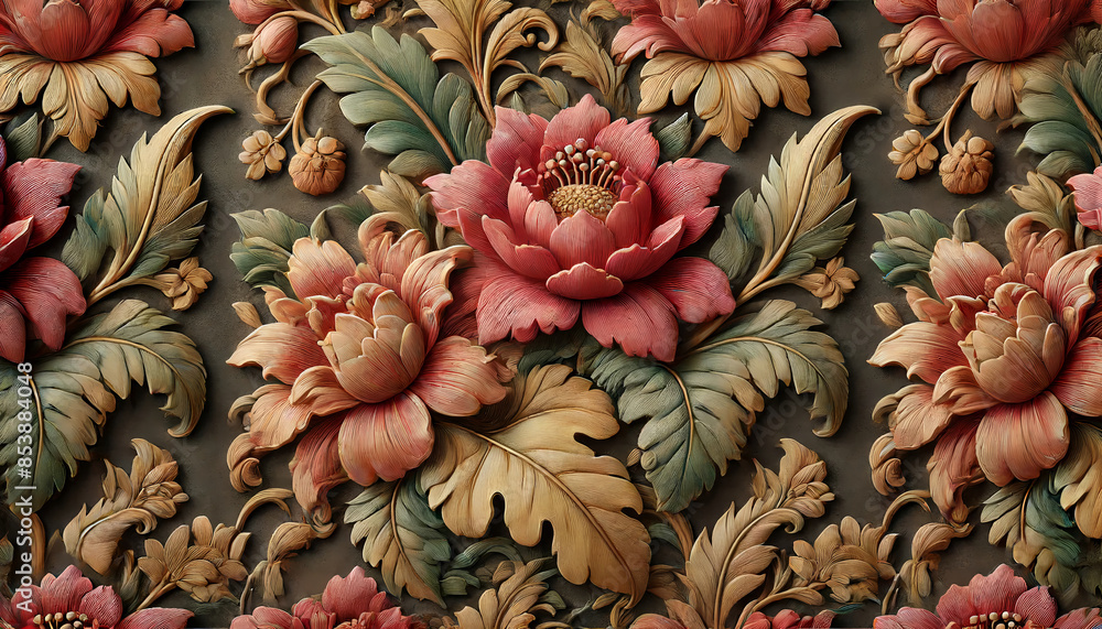 Detailed intricate floral wallpaper design with large flowers Stock ...