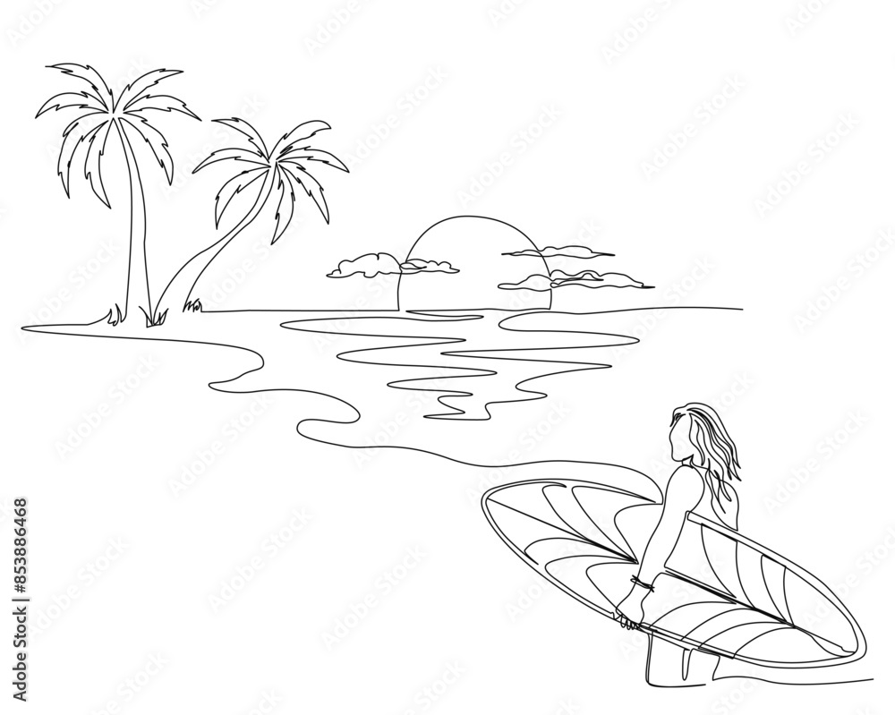 Continuous one line drawing of Beautifull surfer in palm beach. Summer ...