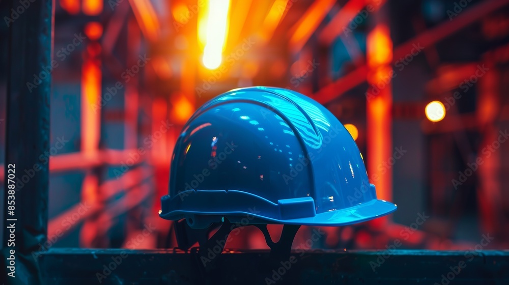 security black blue helmet, dramatic background, production hall ...