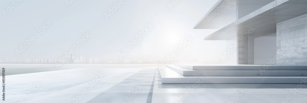 A white and grey background with the horizon line in perspective, a ...