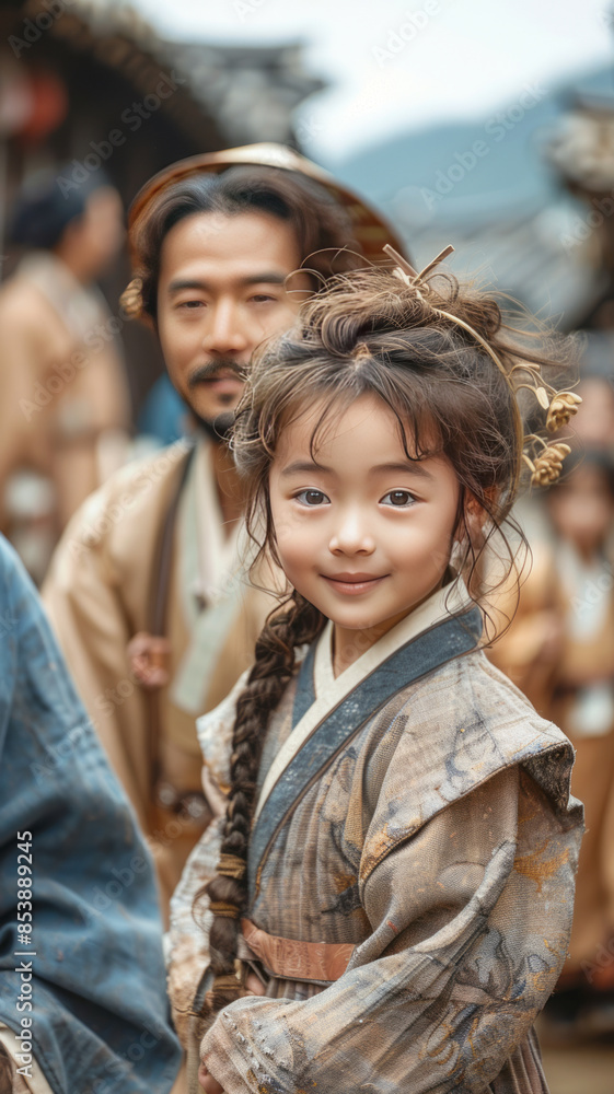 girl running in a Goryeo traditional costume and a father and mother in ...