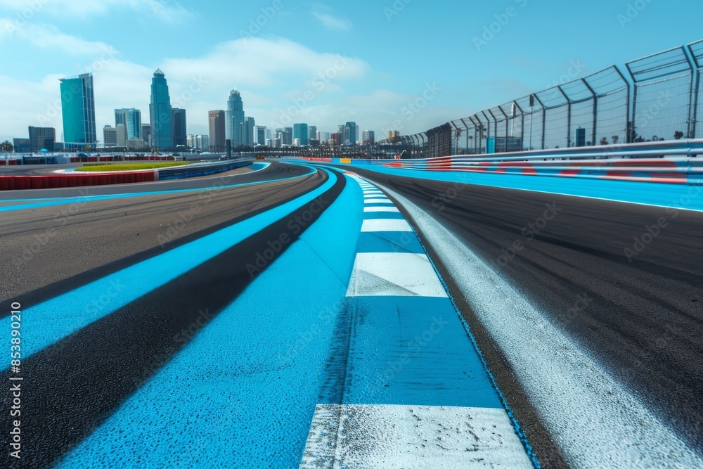 side view of a horizontal, black and blue race track in front of the ...
