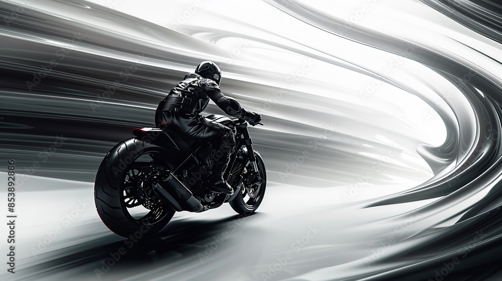 Rider on a motorcycle cruising through a black and gray abstract ...