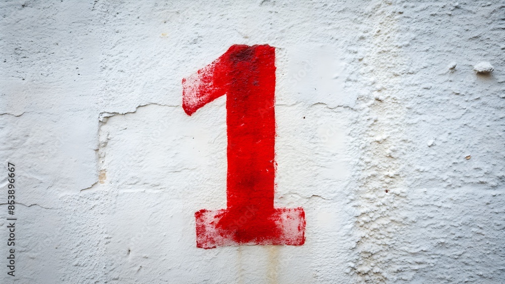 Red Number 1 on the white wall. Spray paint. Stock Photo | Adobe Stock
